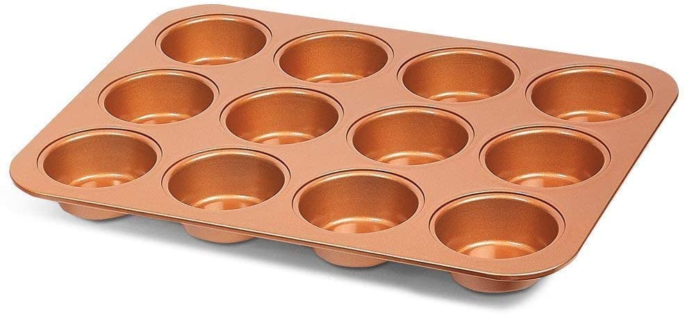 Copper Professional Healthy 12 Cup Cake and Muffins Baking Pan Sheet, Oven and Dishwasher Safe L