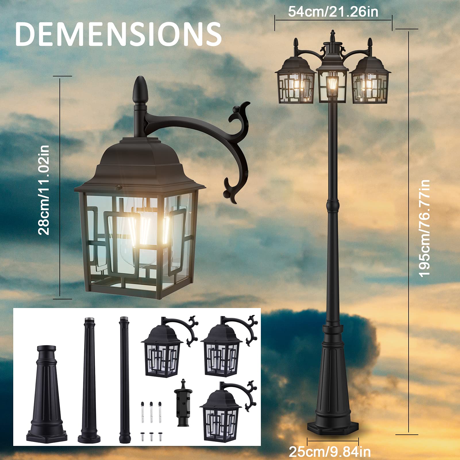 Ralbay Dusk to Dawn Sensor Outdoor Post Light, 3 Light lamp Post Street Light, Matte Black Outdoor Post Lighting Waterproof Pole Lights, 76.77" Outside Lamp Post Light for Backyard Garden