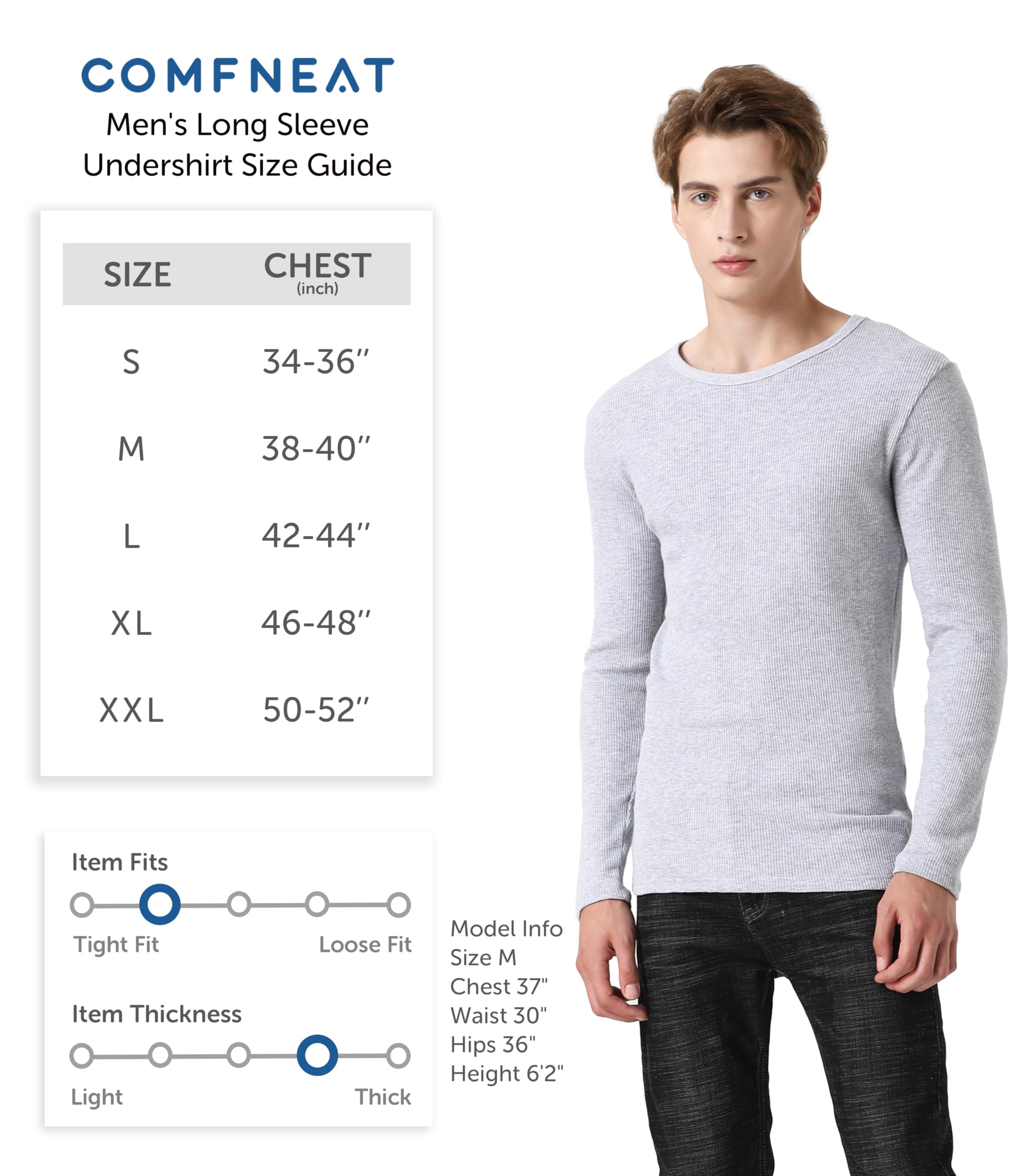 Comfneat Men's 2-Pack Thermal Long Sleeve Undershirt Waffle Knit Soft Comfy Crew Neck Underwear Top (Light Grey Melange + Navy 2-Pack, XL)