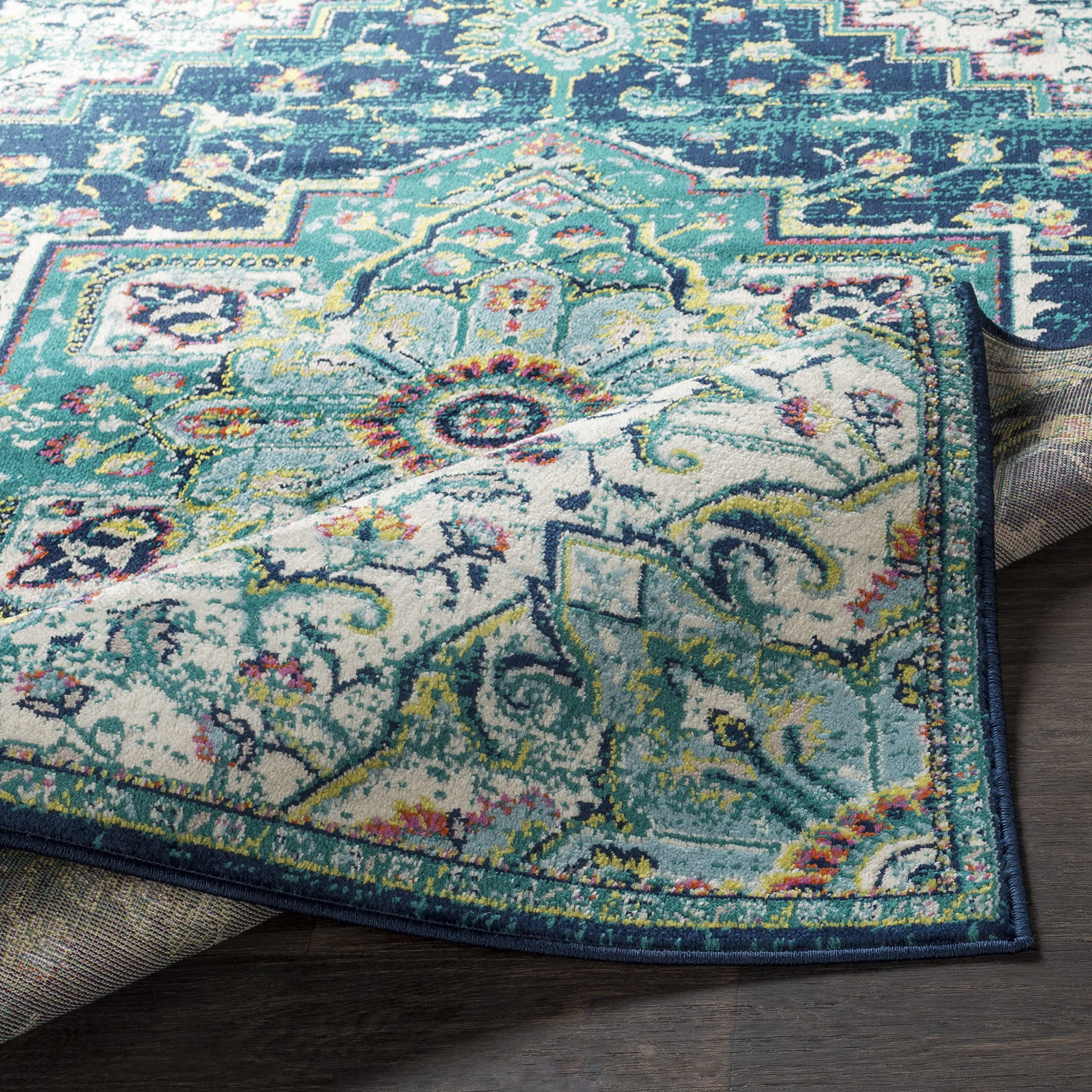 Livabliss Wendy Vintage Medallion Area Rug,5'3" x 7'9",Teal/Dark Blue