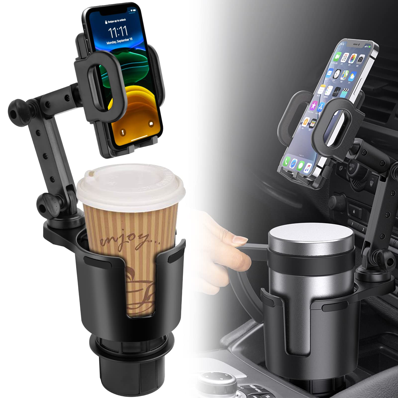 Cup Holder Phone Mount, Universal Cell Phone Holder for Car Truck SUV Drink Expand Cup Holder Adapter Long Arm 360° Rotation Adjustable Base Large Car Cupholder Fit for iPhone, Samsung & All Phone