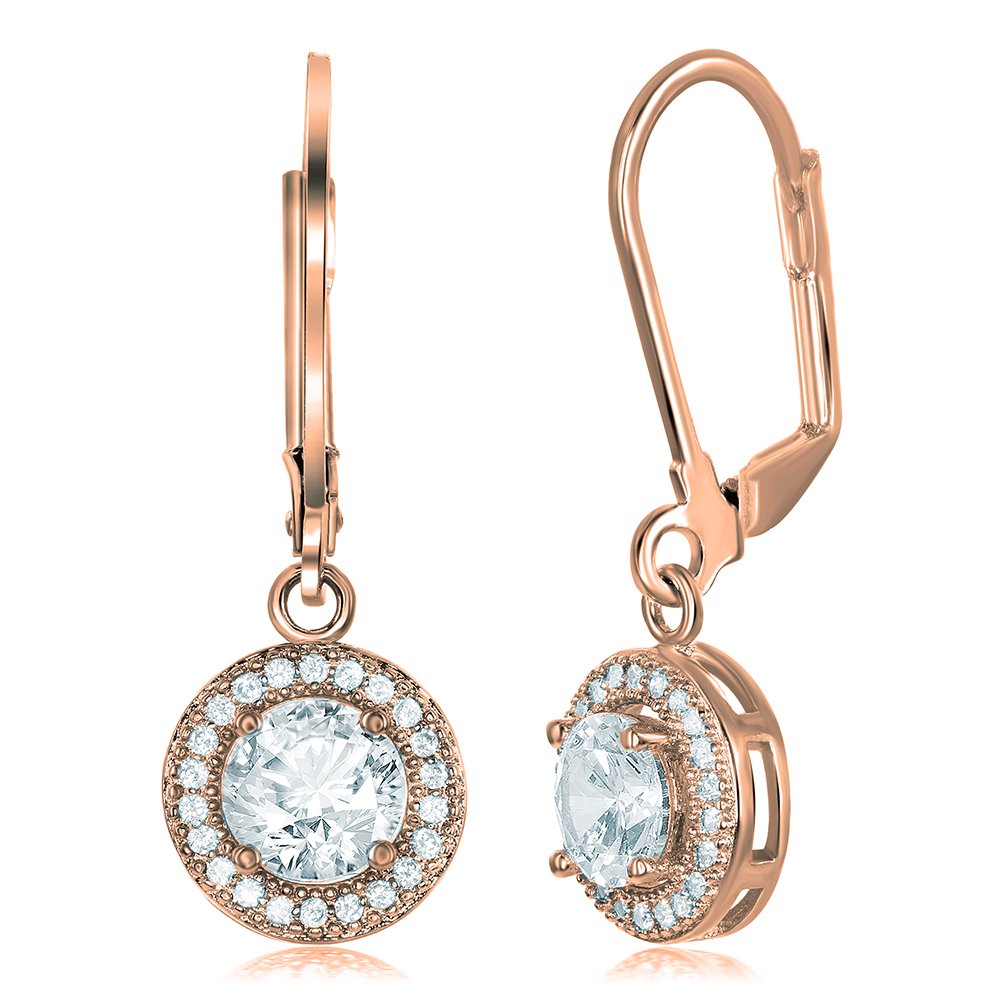 Cate & Chloe Juliana 18k Rose Gold Plated Halo Dangle Earrings | Women's Gold Drop Dangle Earrings with Solitaire Round Cut Cubic Zirconia Crystals, CZ Halo Earring Set for Women, Gift for Her