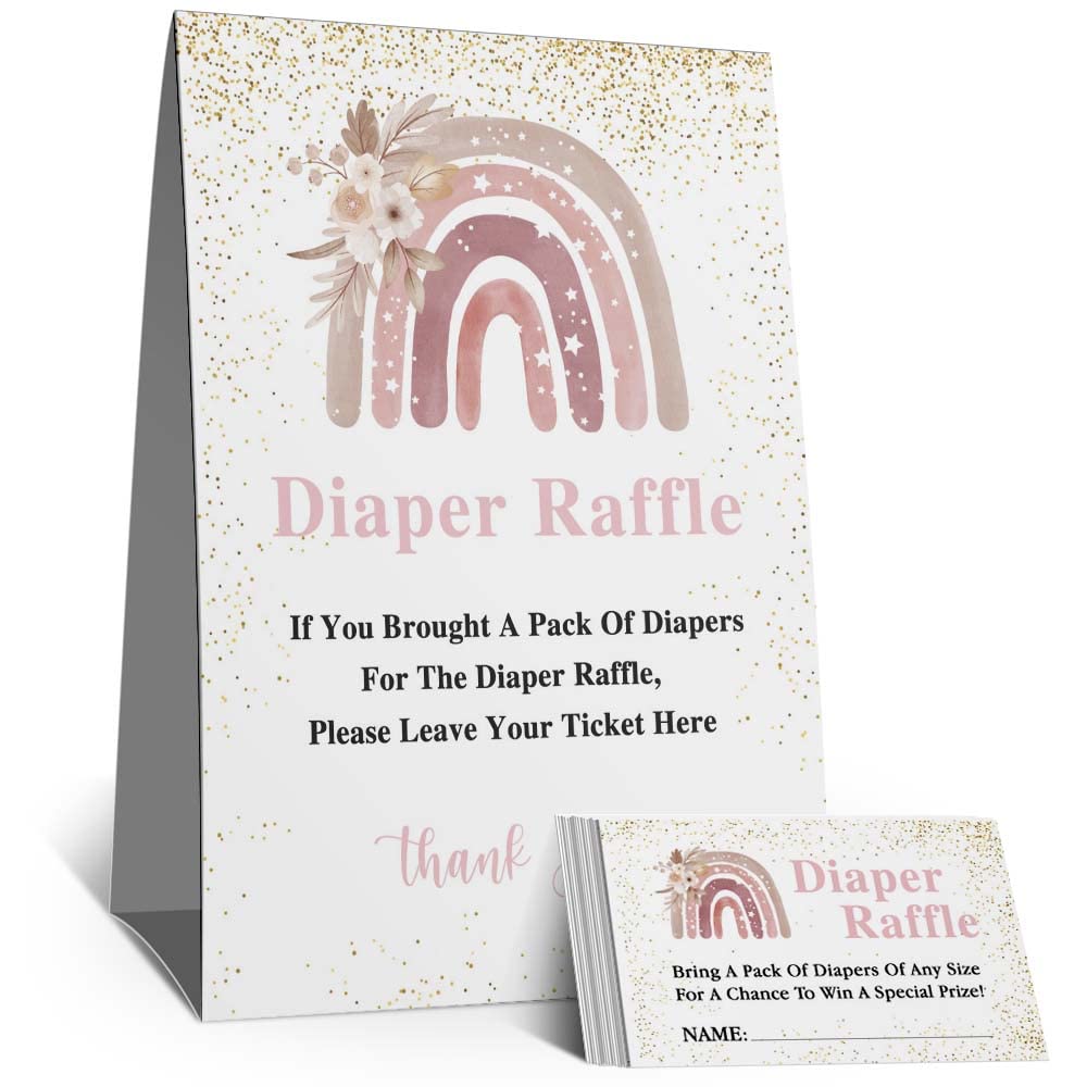 Diaper Raffle Baby Shower Game, 1 Standing Sign and 50 Tickets, Boho Rainbow Raffle Insert Ticket, Gold Diaper Raffle Ticket, Baby Showers Decorations