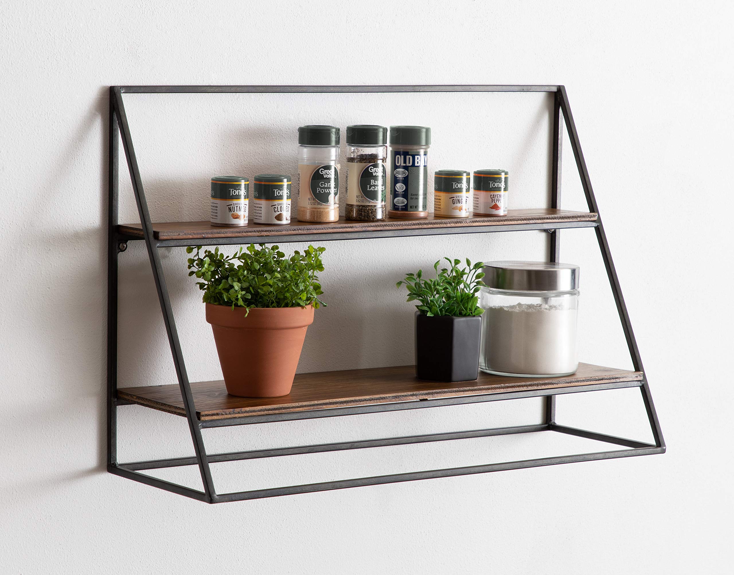 Kate and Laurel Lander Rustic Hanging Wall Shelf, 24" x 8" x 16", Rustic Brown and Black, Two Tiered Farmhouse-Inspired Shelves for Wall