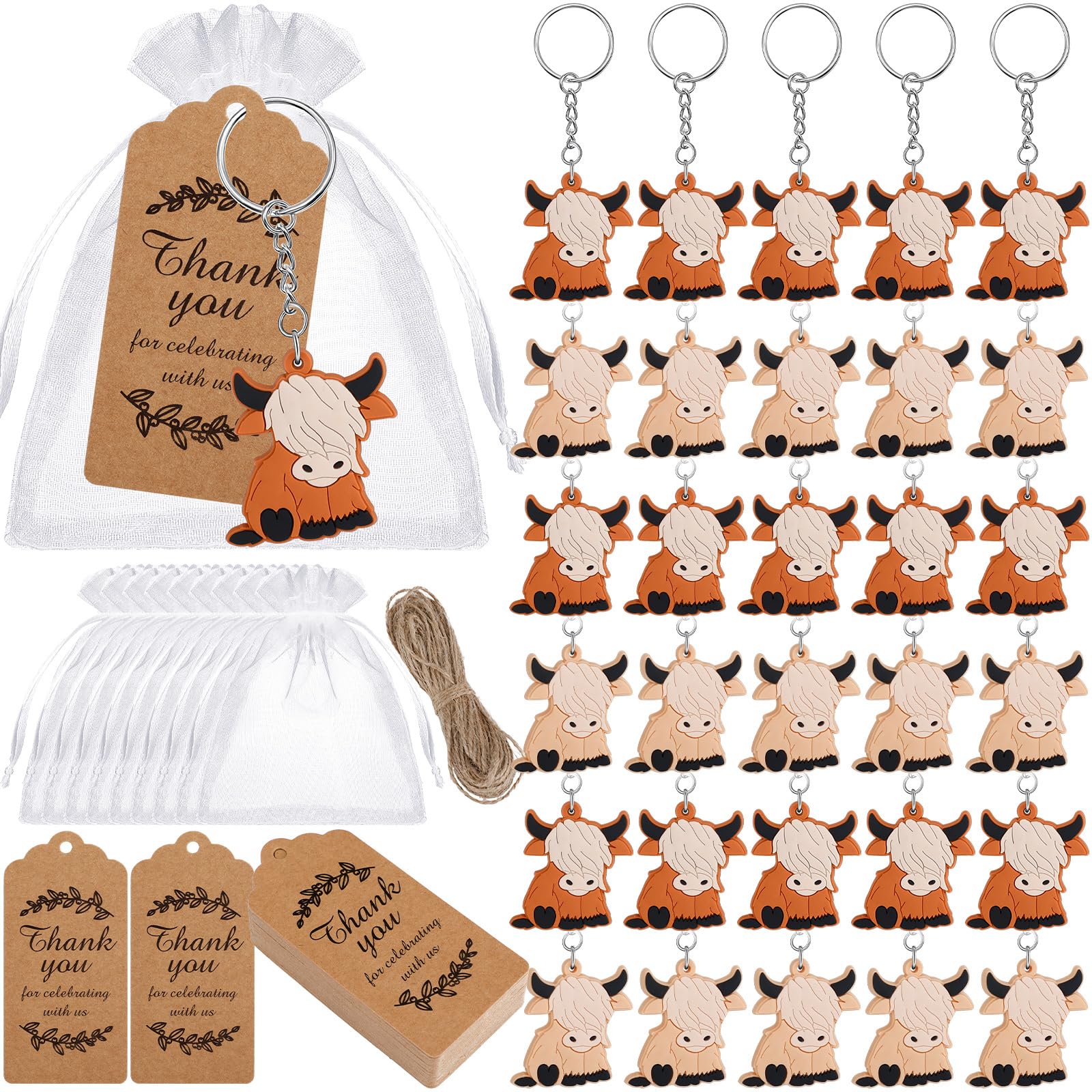 Equsion 36 Sets Cow Keychain Baby Shower Party Favors with White Organza Bags Thank You Kraft Tags Rope Cow Themed Party Supplies Return Gift for baby Shower, Birthday, Wedding, Gender Reveal, Rewards