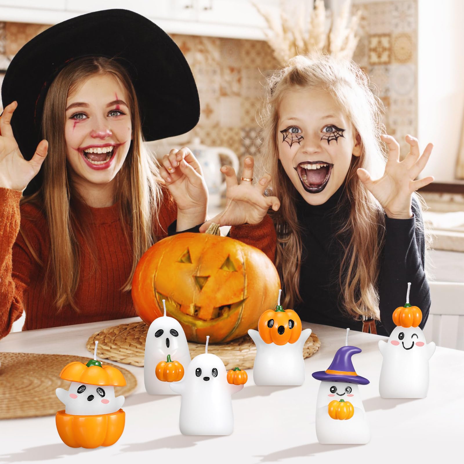 Conelist 6 Pcs Halloween Ghost with Pumpkins Candles Cute Ghost Shaped Halloween Decoration Candles Halloween Spooky Candles for Home Halloween Party Room Table Decorations