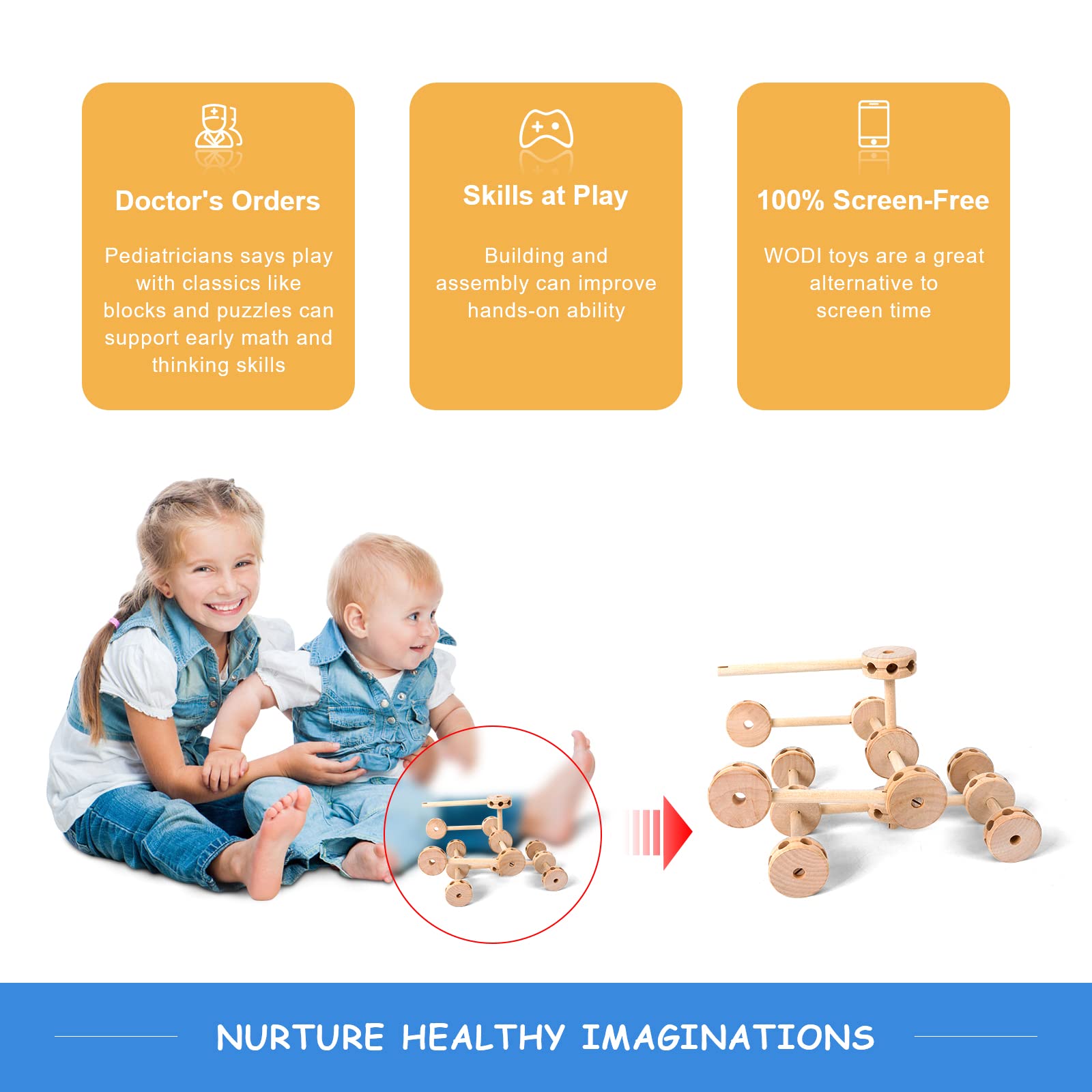WODI Wooden Building Blocks,60 PCS Tiny Educational Natural Wood Stem Toys, DIY Wooden Blocks Splicing, Montessori Building Blocks Building Blocks for Kids Ages 4-8 to Create Various Shapes