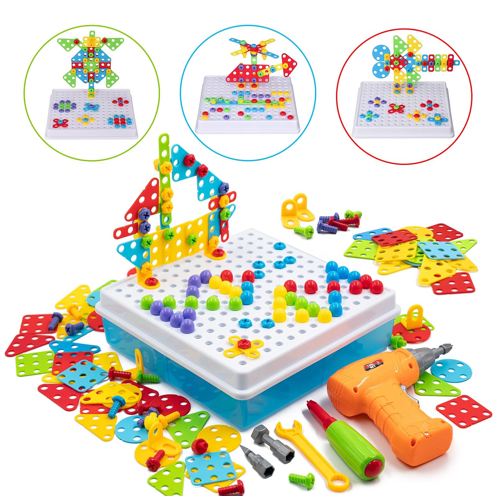 SUPSTEM Creative Toys for Kids 4-8, Mosaic Drill Set with Screwdriver Tool Playset, Electric Drill Toy with Rainbow Fasteners, Premium STEM Building Set for Ages 3+
