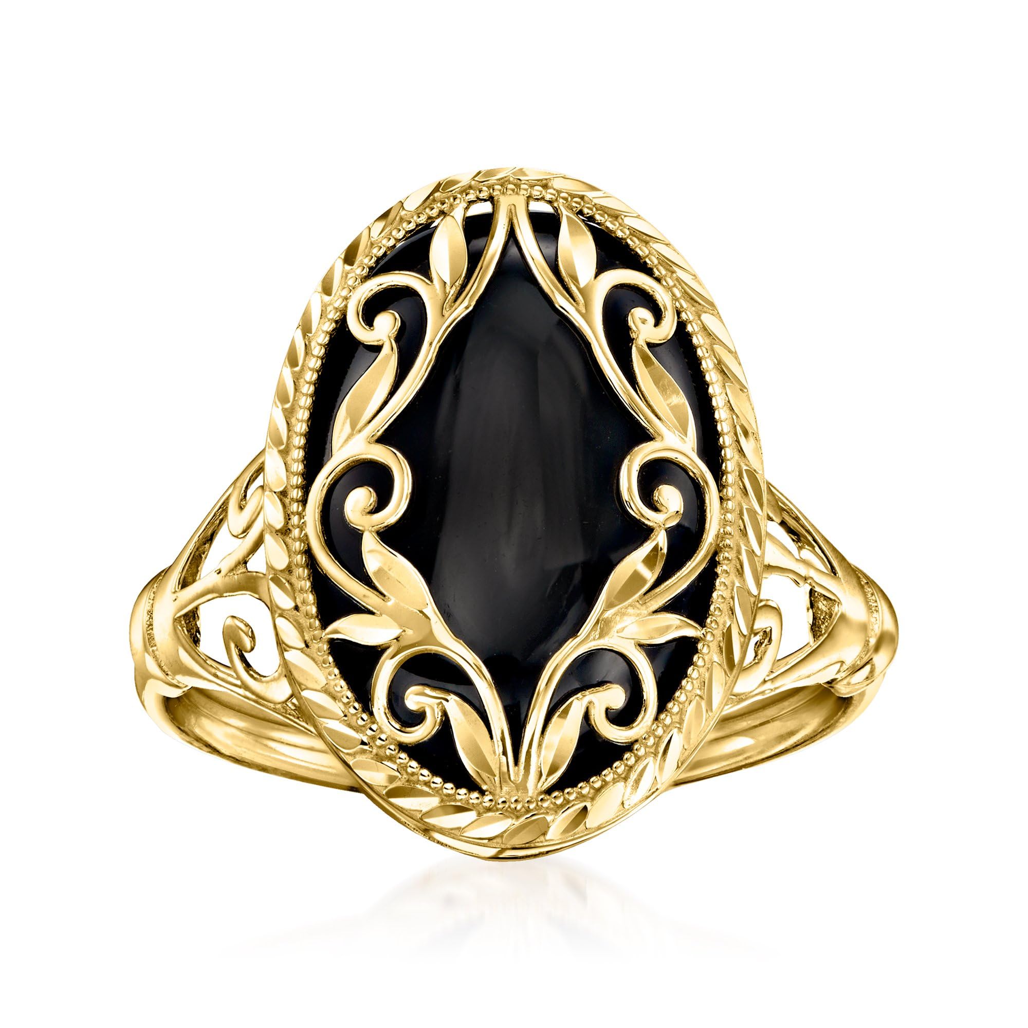 Ross-Simons Black Onyx Scrollwork Ring in 14kt Yellow Gold. Size 8