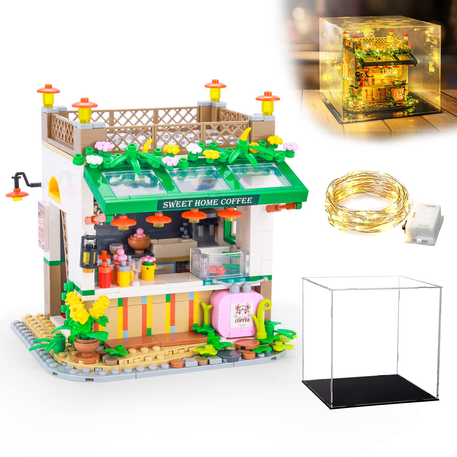 Chifavortoo Flower House Building Set Toys for Kids, Coffee Shop Dessert Micro Mini Building Block Kits Compatible with Lego with Light and Acrylic Display Box, Nice Gift Box 643pcs