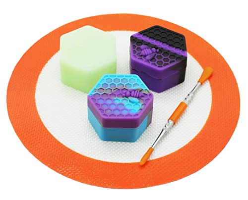 KUVIS 26ml Hexagon Silicone Wax Container Non-stick Concentrate Jars with 7.87" Round Mat and Carving Tool