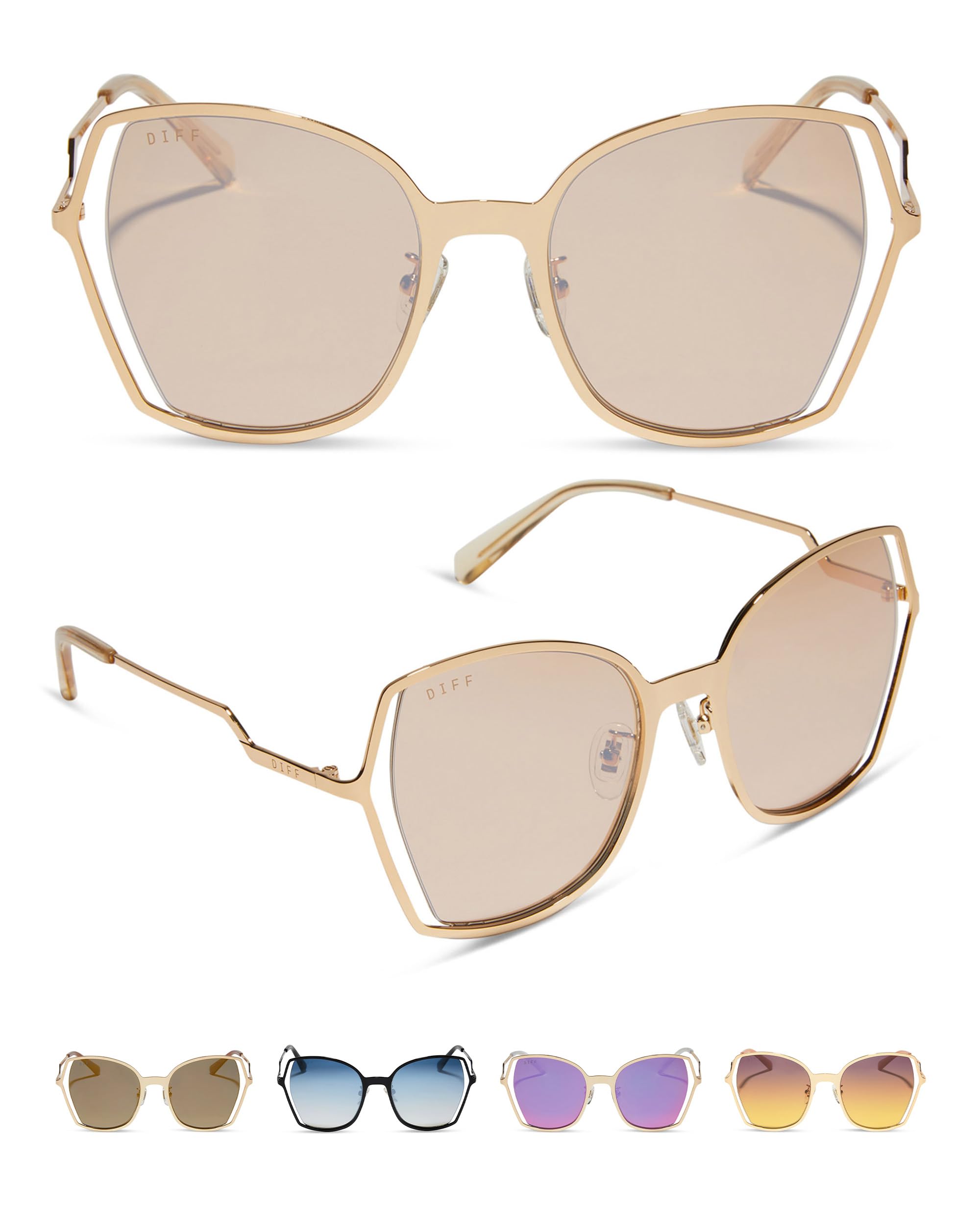 DIFF Donna III Oversized Sunglasses for Women UV400 Protection, Lightweight Wire Vintage, Honey Crystal + Honey Crystal Flash