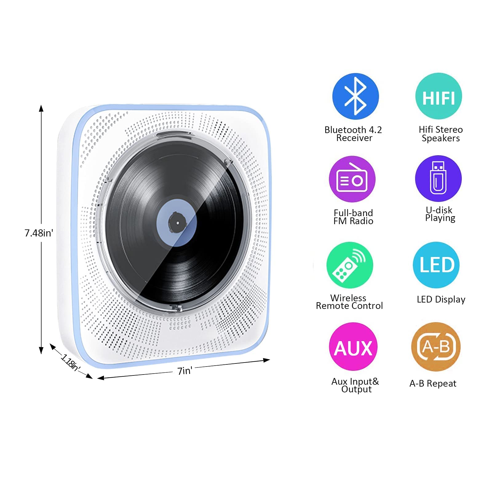 CD Player Portable Bluetooth with Speakers cd Players for Home Boombox, Remote Control, Support CD/Bluetooth/FM Radio/U Stick/AUX/Clock/Headphone Jack, LED Screen Display, Kpop