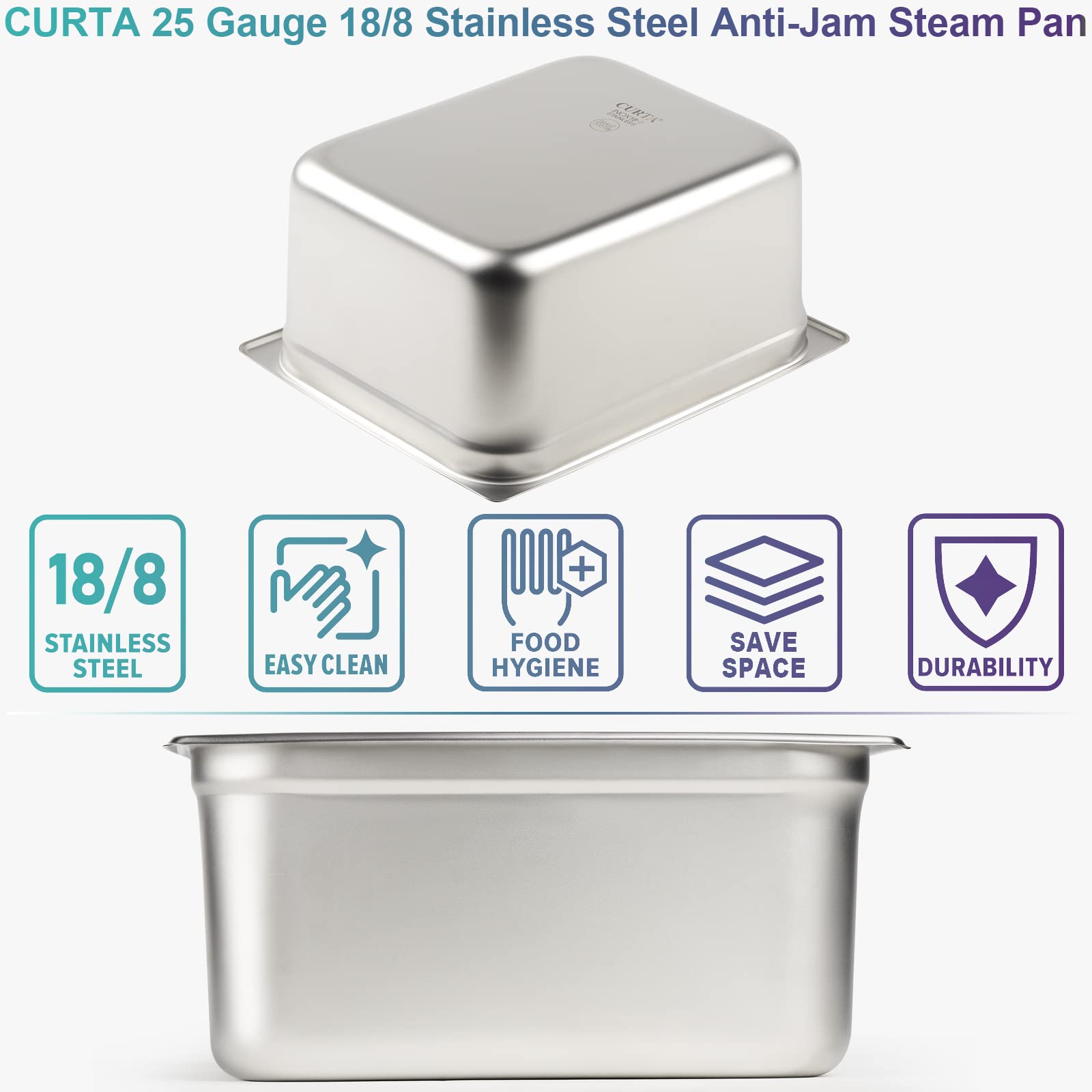 CURTA 6 Pack Anti-Jam Hotel Pans with Lids, 1/2 Size 6 Inch Deep, NSF Commercial 18/8 Stainless Steel Chafing Steam Table Food Pan with Covers