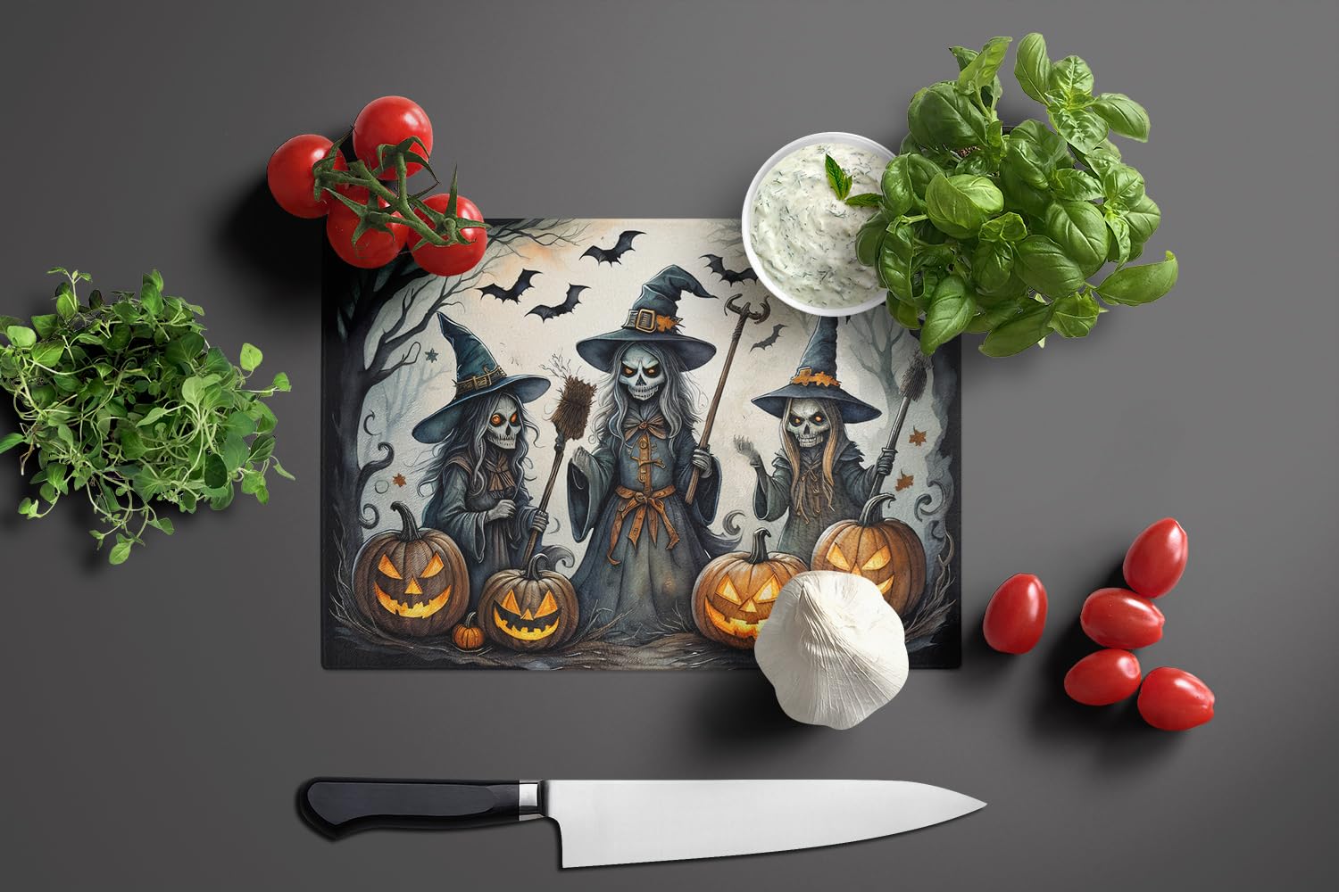 Caroline's Treasures DAC2292LCB Witches Spooky Halloween Glass Cutting Board Large Decorative Tempered Glass Kitchen Cutting and Serving Board Large Size Chopping Board