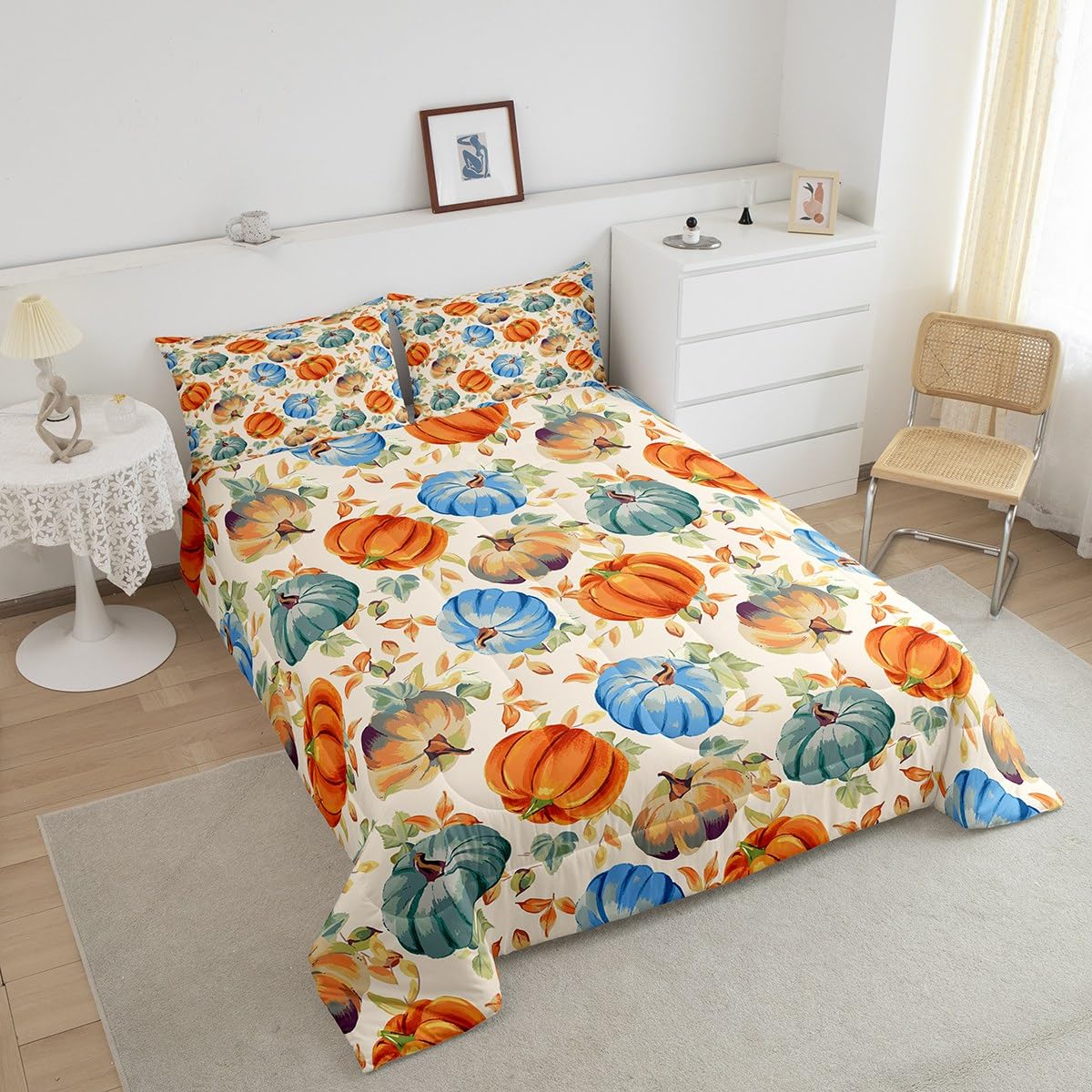 Erosebridal Happy Thanksgiving Comforter Set Twin, Fall Pumpkin Bedding Set, Autumn Fall Leaves Bedding Comforter Sets, Rustic Farmhouse Style Down Comforter, Happy Fall Y'all Duvet Insert, 2Pcs