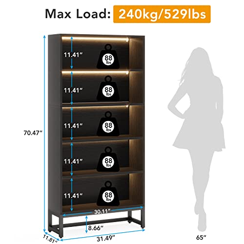 LED Bookcase, 70.8” Tall Bookshelf with Closed Back Shelf, 5-Tier Large Bookcases Organizer with Storage Shelves, Heavy Duty Freestanding Library Book Cases Shelving Unit for Living Room, Bedroom