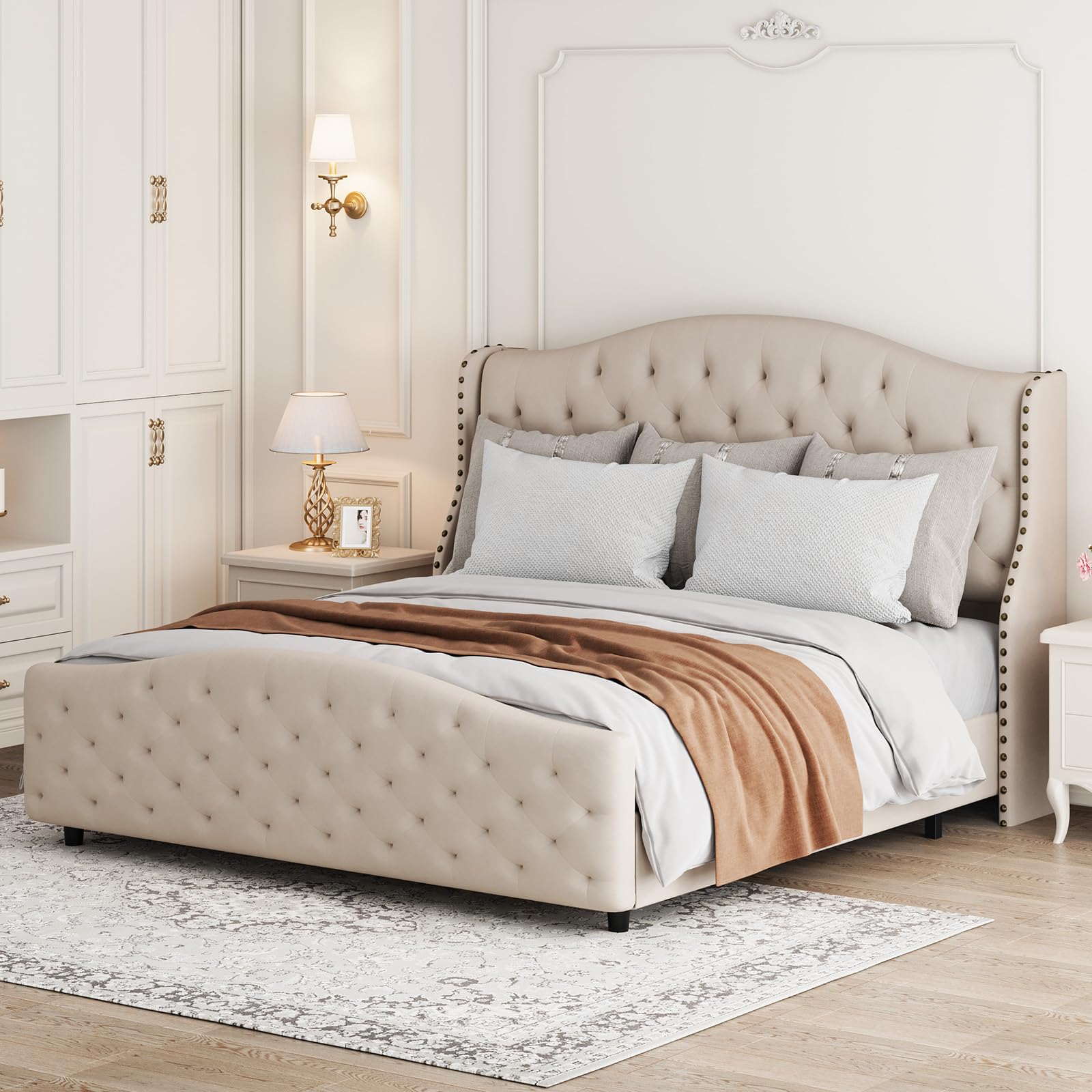GarveeHome Queen Size Velvet Tufted Upholstered Platform Bed Frame with Raised Wing Back Headboard, Mattress Foundation and Wood Slat Support, No Box Spring Needed, Beige
