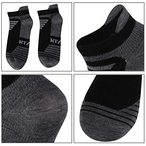 RTZAT Wool Running Socks, 90% Merino Wool Socks Men and Women No Show Low Cut 3 Pairs Cushioned Athletic Moisture Wicking Running Ankle Sock,Black&Dark Gray, Medium