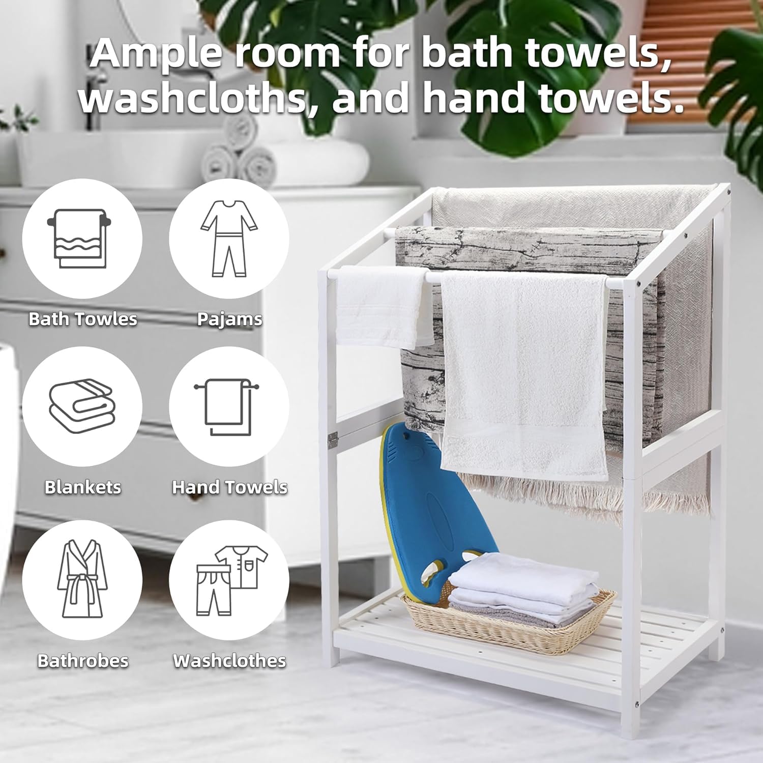 EFURDEN Pool Towel Rack, 3 Tier Freestanding Poly Lumber Towel Holders, Blanket Drying Stand Holder with Bottom Storage Shelf for Swimming Pool, Outdoor, Bathroom, White