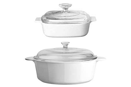 CorningWare 4 Piece Pyroceram Classic Casseroles 2.4 qt/2.25L Round & 2.1 qt/2L Square Cooking Pots With Handles & Glass Lid - White