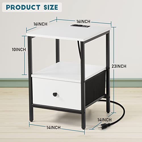 Homajor Nightstand with Charging Station,Side Table with Storage,end Tables Living Room,Bedside Table with Fabric Drawers,End Tables with USB Ports for Bedroom,Small Spaces,White