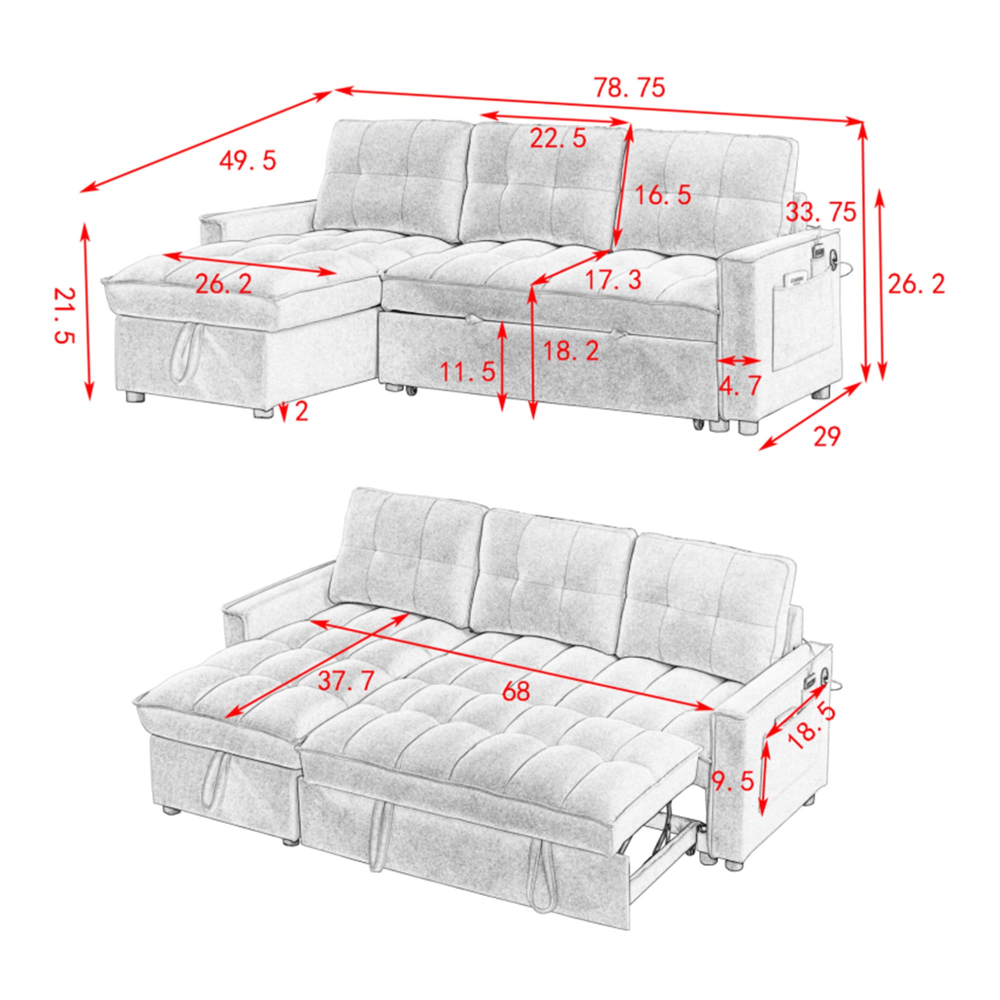 Convertible Chair Bed, 3 in 1 Convertible Sofa Bed Sleeper Sofa with Storage Chaise & Side Pocket, Built-in Charging Station, L-Shaped Couch in Chenille, Pull Out Sofa Bed Couch for Living Room, Beige