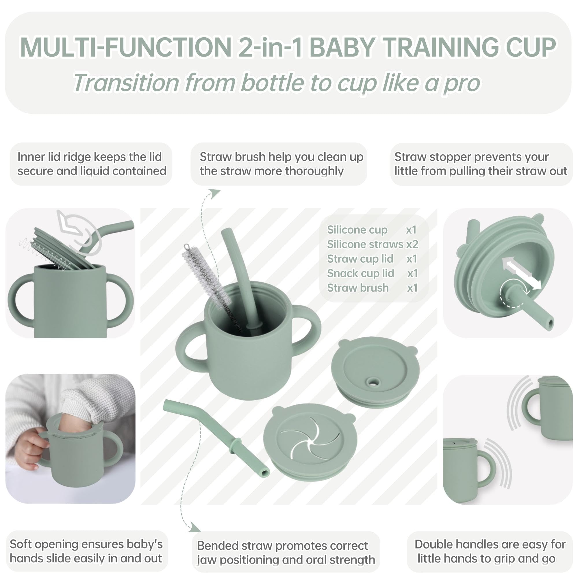 Chicrinum 2-in-1 Silicone Sippy Cup with Straw & Snack Cup Lid, Food-Grade Silicone Baby Straw Cup, Spill Proof Toddler Straw Cup for 6 Month+, Dishwasher Safe