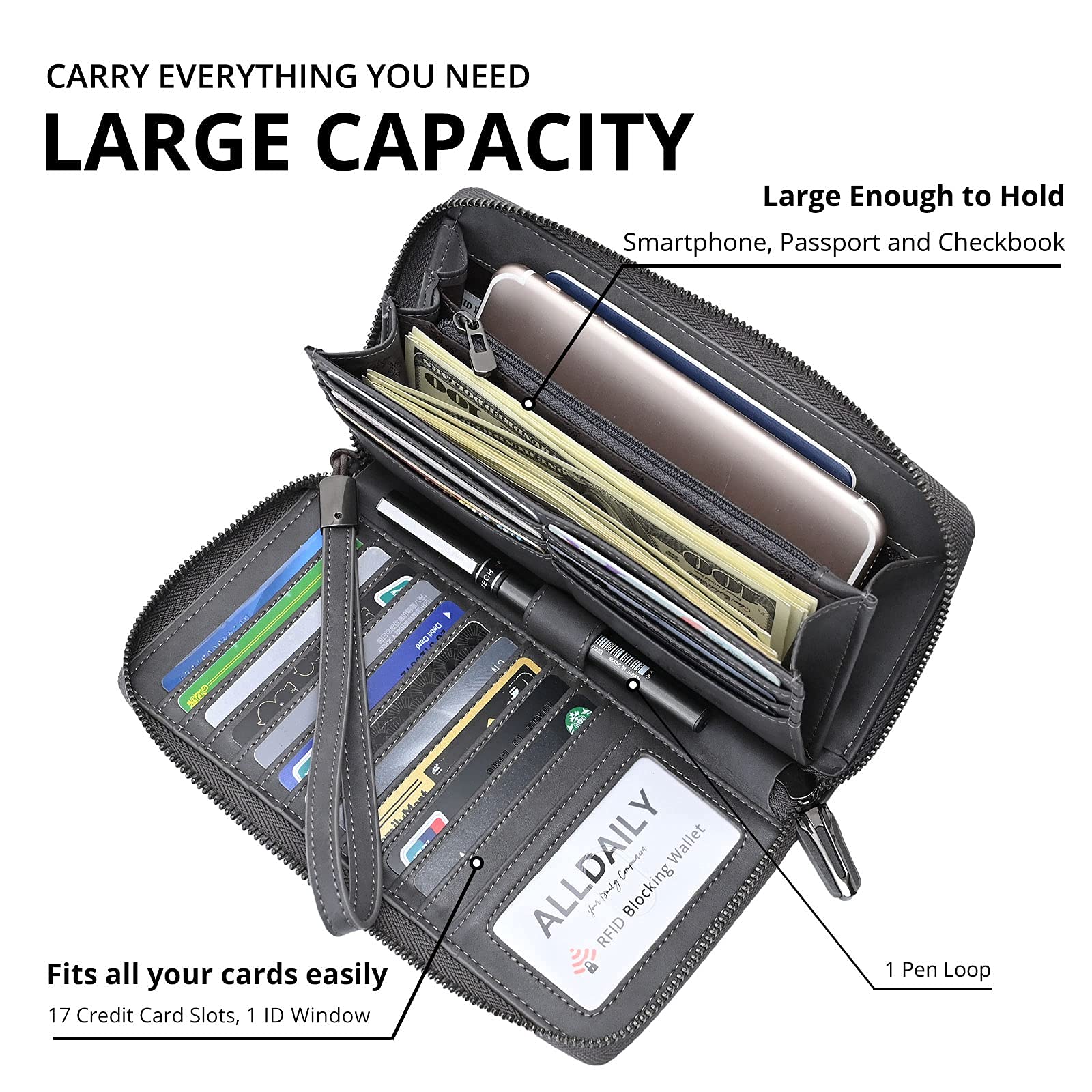 Women's RFID Blocking Leather Zip Around Wallet Large Phone Holder Clutch Travel Purse Wristlet (Grey)