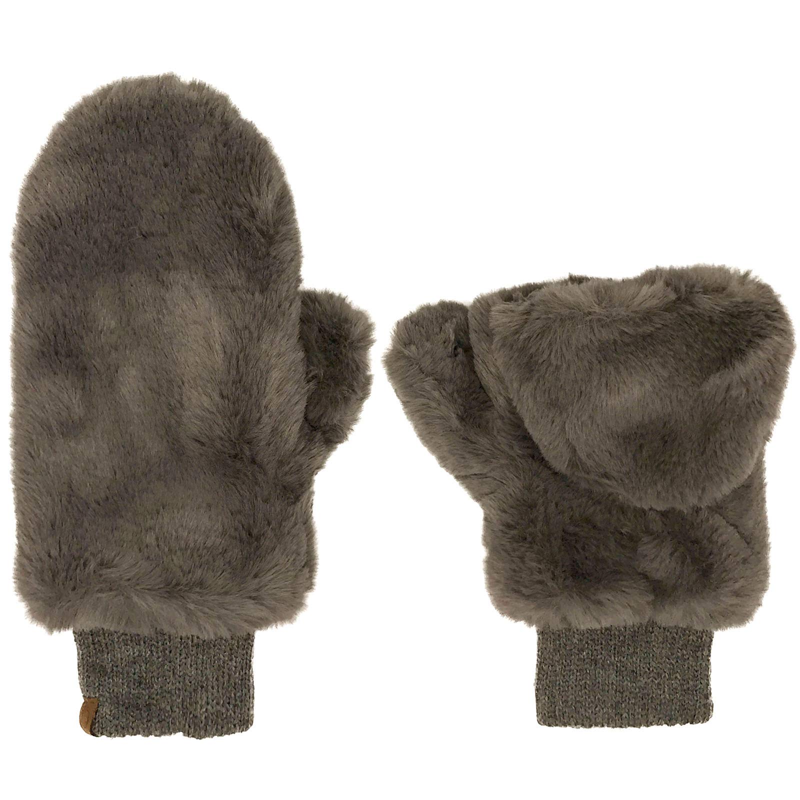CC Soft Faux Fur Fuzzy Lined Flip Up Down Top Fingerless Mitten Gloves (Solid Dk. Melange Gray)