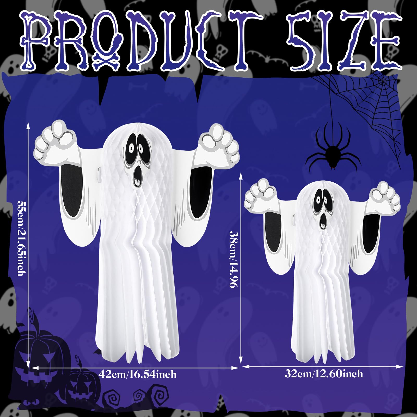 Fourluoo 4 Pcs Halloween Ghost Hanging Decorations Honeycomb Tissue Paper Ghost Shaped Party Decoration Ghost Paper Lanterns for Home Outdoor Decor(21.7" X 16.5", 15' X 12.6",Scary)