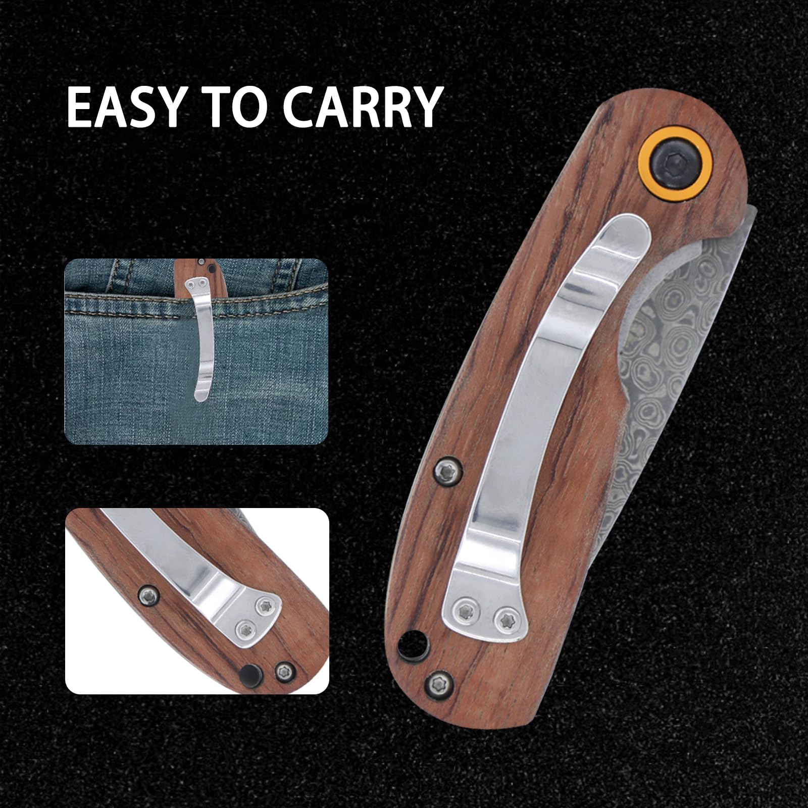 Generic Damascus Fold Pocket Knife,Gift for Men and Women with Pocket Clip,Wooden Handle EDC Knife for Camping,Hunting
