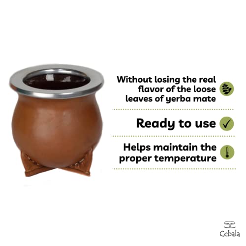 Cebala Yerba Mate cup set - Premium Ceramic yerba mate set (original from Uruguay) - Includes Leather mate cup (Light brown)