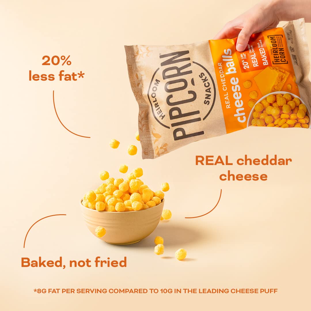 Heirloom Cheddar Cheese Balls by Pipcorn - 4.5oz - Organic Cheese, No Artificial Anything, Non-GMO Heirloom Corn, No Preservatives, Gluten Free
