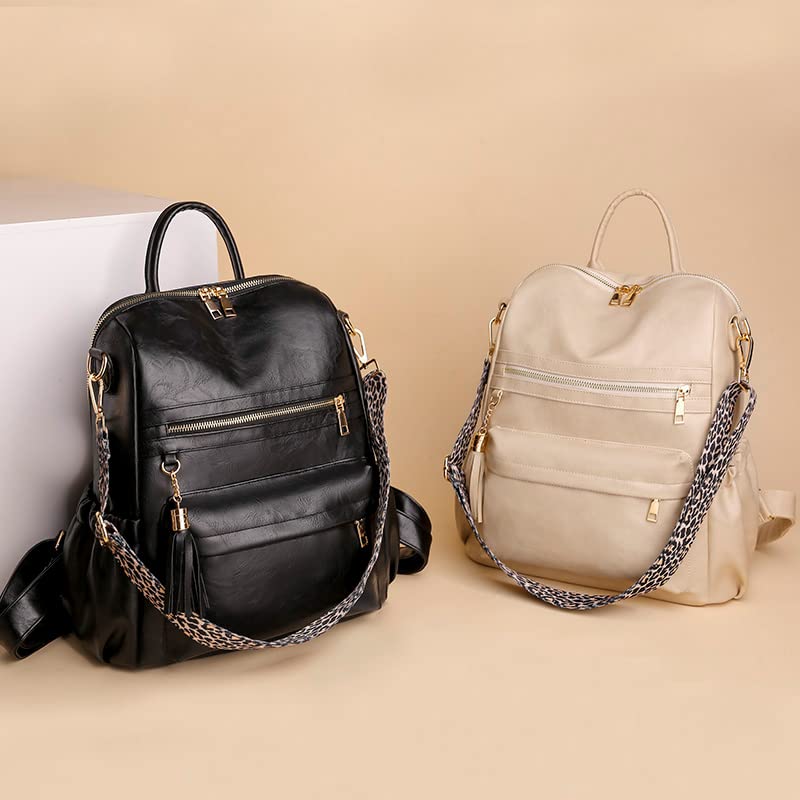 DIVCIDLC Backpack Purse for Women with Wide Leopard Shoulder Strap Convertible Women Fashion Daypack, Off White