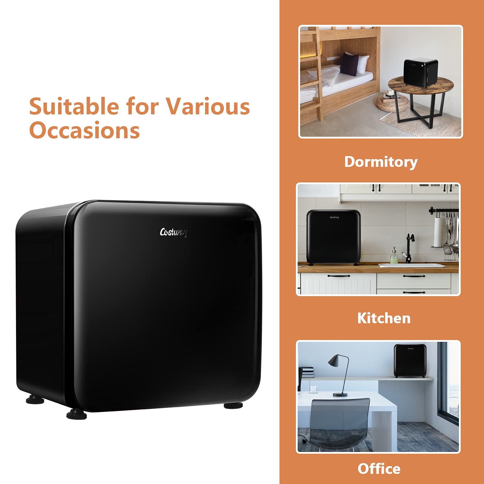 COSTWAY Compact Refrigerator, 1.6 cu ft. Single Door Small Fridge with Adjustable Temperature 32℉ to 50℉, Auto Defrost, Reversible Door, Removable Glass Shelves, Mini Fridge for Bedroom, Apartment (Black)