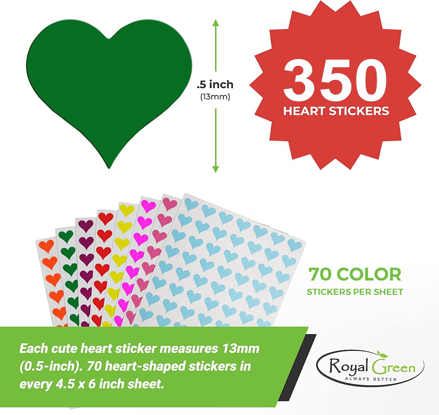Royal Green Small Heart Stickers - Scrapbooking Stickers, Packaging Stickers, Arts & Crafts Decorative Sticker Labels for Scrapbooks & More - 0.5 inch, 350-Pack (Red)
