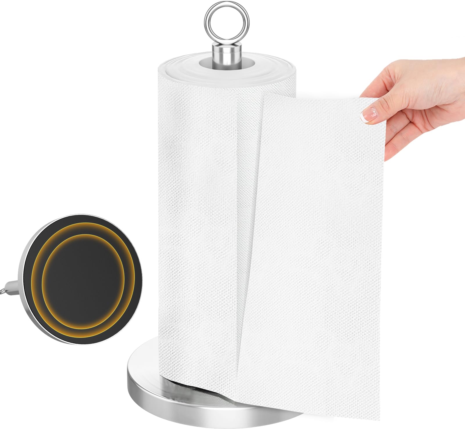 Coopvivi Paper Towel Holder Stainless Steel - One Hand Tear Paper Towel Dispenser Standing Weighted Base Non Slip, Stainless Steel Paper Towel Fits in Kitchen (Silver)