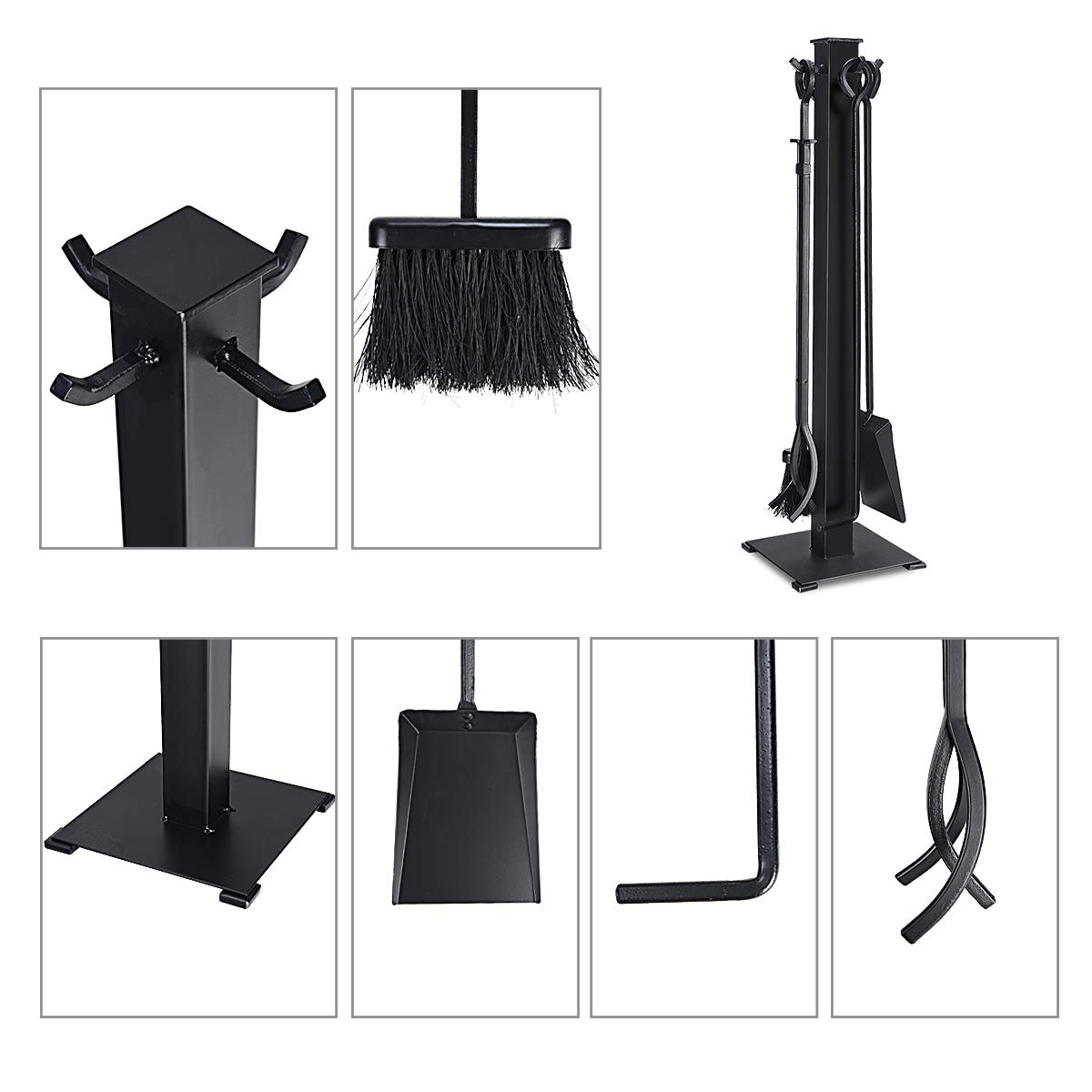 Tangkula 5 Pieces Fireplace Tools, Modern Contemporary Chimney Fireplaces Hearth Accessories,Includes Wrought Iron Tong Poker Base Shovel Brush, Indoor Outdoor Tools for Fireplace Black
