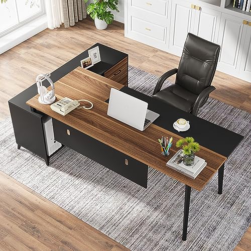 Tribesigns 70.8" Executive Desk with 43" Drawers File Cabinet, Large L-Shaped Computer Office Desk with Printer Stand, Business Furniture Workstation for Home Office