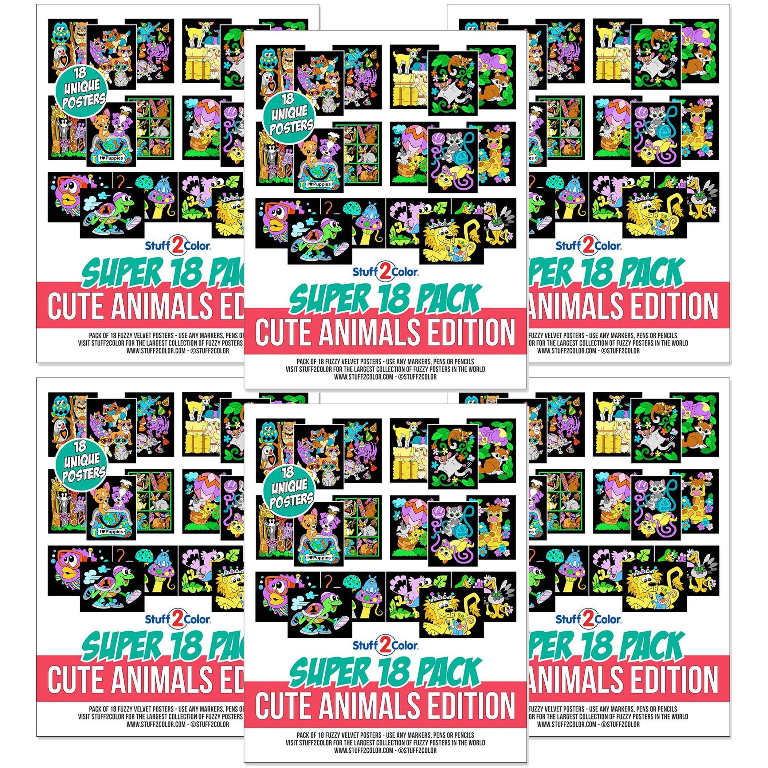 Super Pack of 18 Fuzzy Coloring Posters (Cute Animals Edition) - Arts & Crafts Kit for Kids and Adults - Bulk Coloring Activity, Group Project or Team Building Activity (6 Pack Bundle)