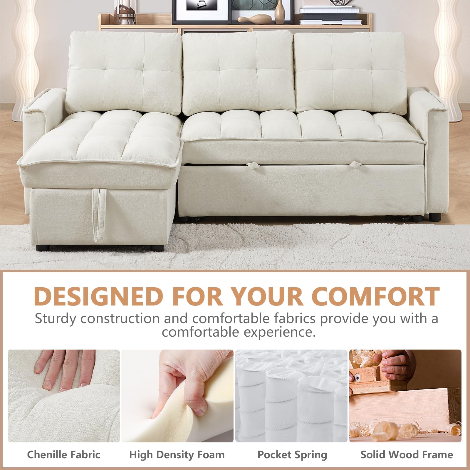 HUMEHA Linen Reversible Sleeper Sectional Sofa, L-Shaped Sofa Bed Pull Out Sleeper 3-Seater Couch with Storage Chaise, Convertible Sectional Sofa Couch for Living Room Apartment, Beige