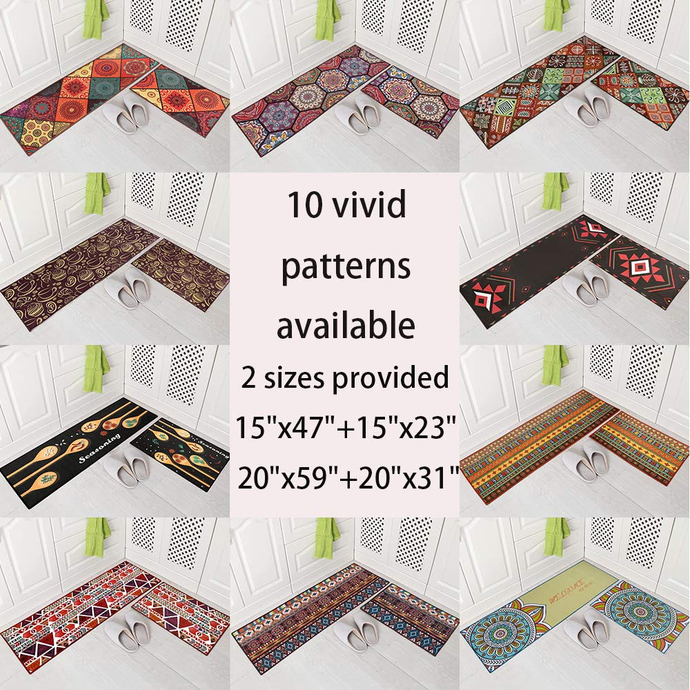 Carvapet 2 Piece Non-Slip Kitchen Mat Doormat Runner Rug Set, Spice Design (20"x59"+20"x31")