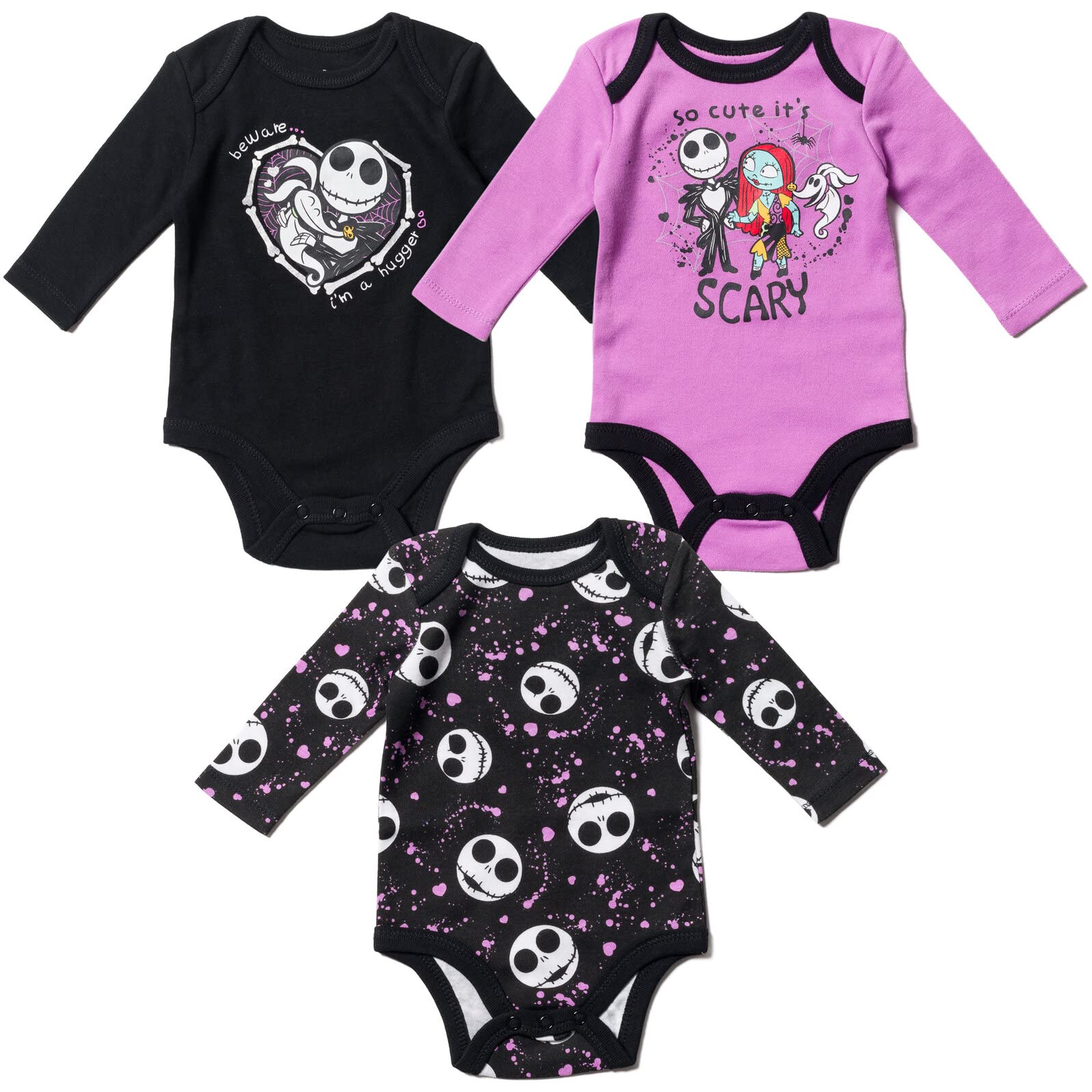 Disney Nightmare Before Christmas Jack Skellington Sally Zero Newborn Baby Girls 3 Pack Cuddly Bodysuits Black/Purple 0-3 Months