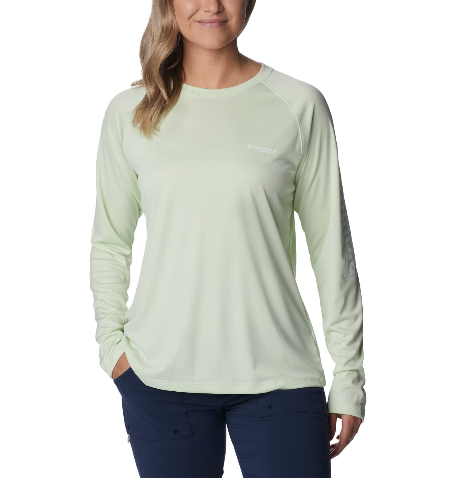 Columbia Women's Plus Size PFG Tidal Tee II Sun Protection Long Sleeve Shirt, Light Lime/White Logo, 2X
