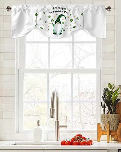Tie Up Valance Curtain for Kitchen Windows, Happy St Patricks Day Clover Dwarf Gold White Window Curtain Valance with Adjustable Strap Window Treatment for Cafe Bathroom, 60"x18", 1 Pane