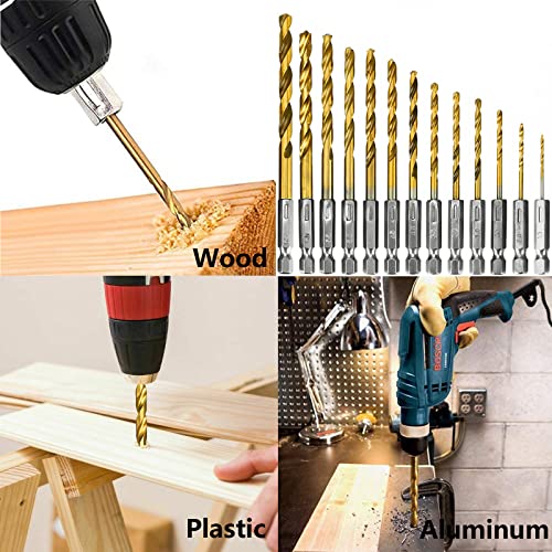 Titanium Twist Drill Bit Set - 13 Pcs Hex Shank High Speed Steel, Premium 4341 HSS Titanium Impact Hex Drill Bits for Wood, Steel, Metal, Plastic, Quick Change Design (1/16”-1/4”)