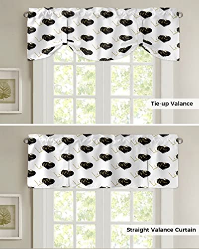 Tie-Up Valance Curtains for Window - Happy Valentine's Day Gold Love Black and White Heart Kitchen Valance - Light Filtering Valance Curtains Short Curtains with Adjustable Tie 42"x12"