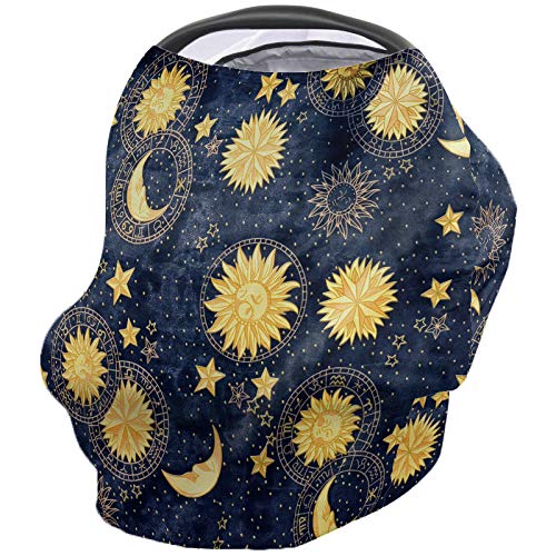 Car Seat Canopy Nursy Cover Zodiac Sign, Multi Use Breastfeeding Scarf for Infant Carseat Canopy Stroller Shopping Cart Highchair Boho Celestial Bodies Gold Sun Moon and Stars Ancient Pattern