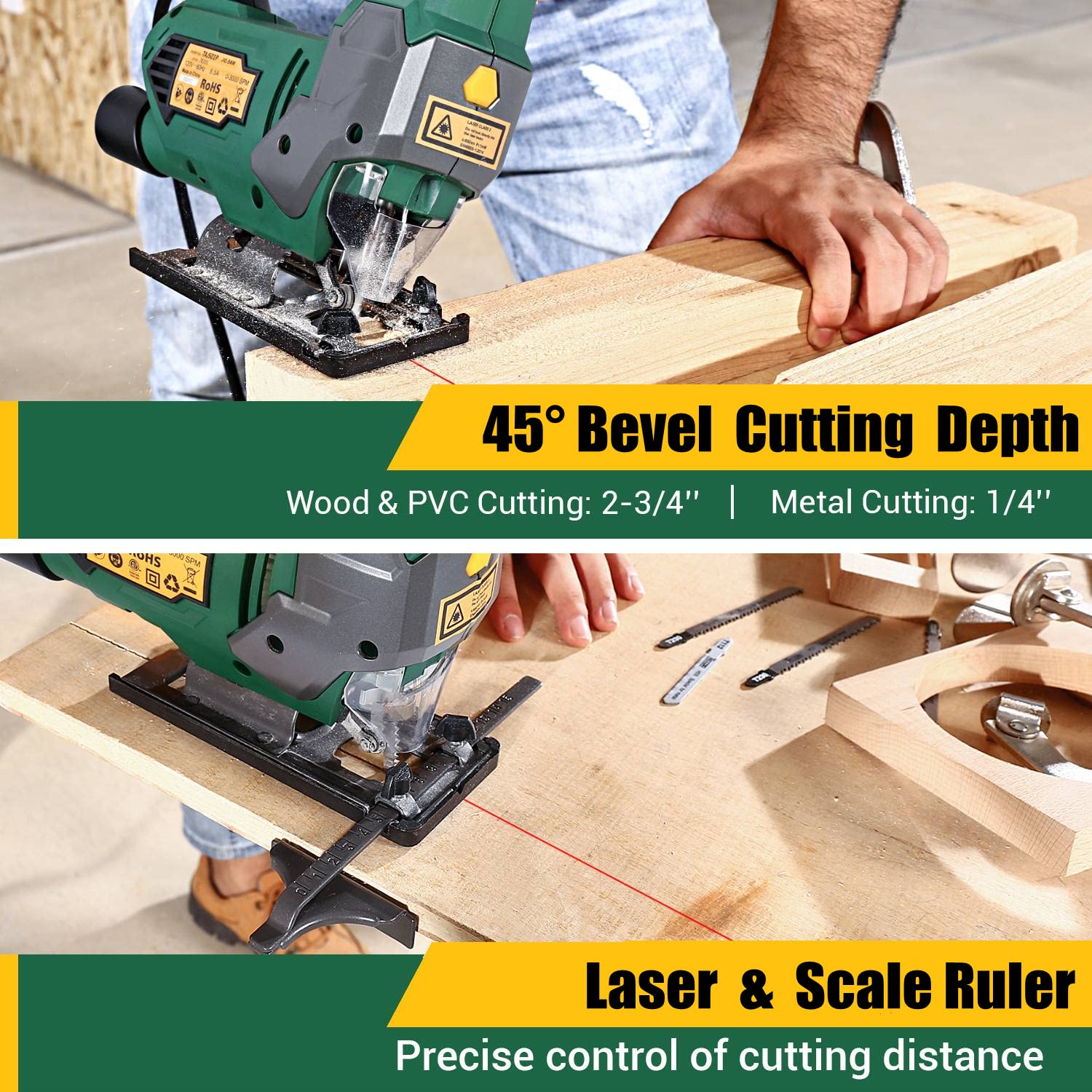 Jigsaw, TECCPO 6.5 Amp 3000 SPM Jig Saw with Laser, 6 Variable Speed, 6 Blades, ±45° Bevel Cutting, 4 Orbital Settings, Pure Copper Motor, with Carrying Case - TAJS01P